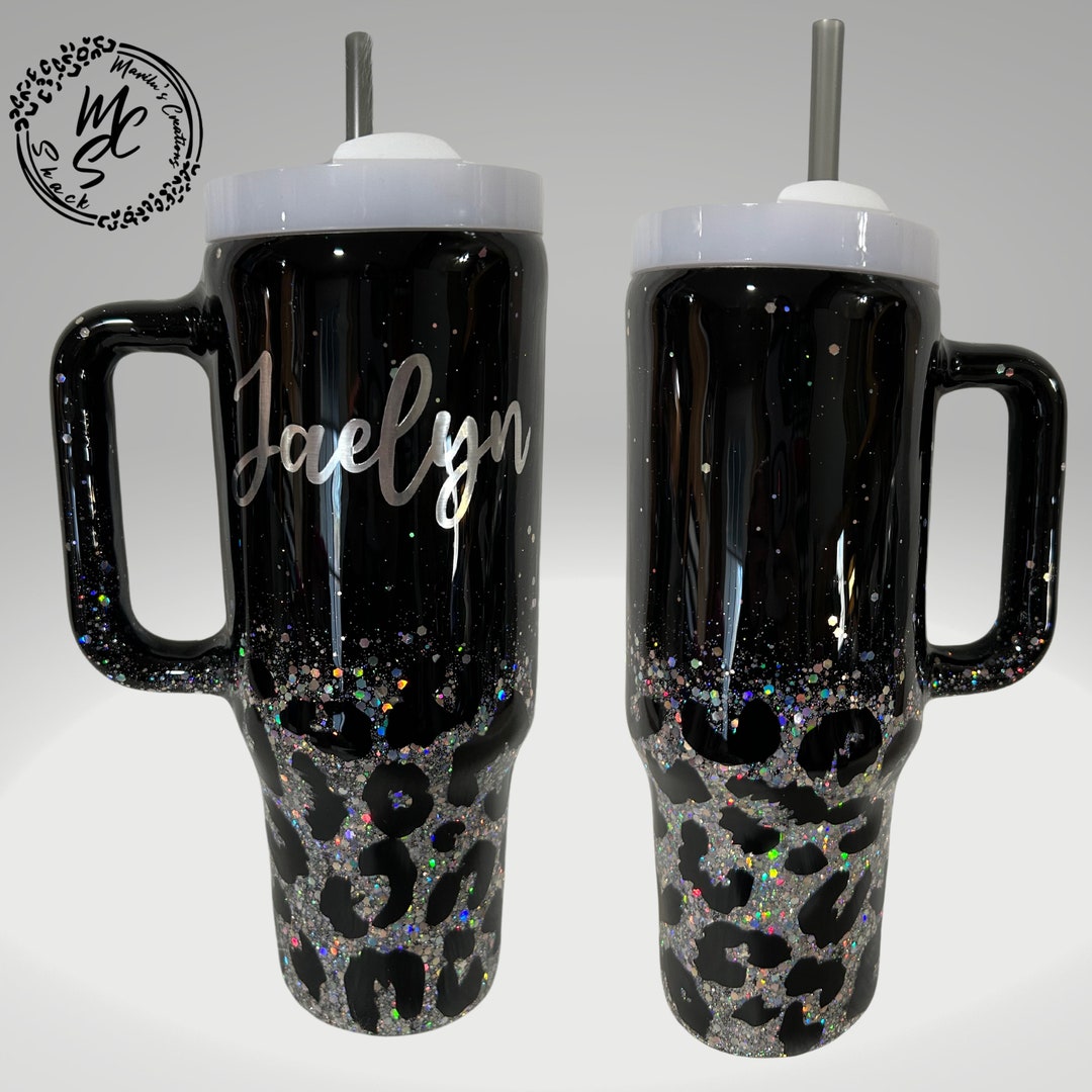 Leopard Print Tumbler on a Black Background and Silver Glitter, Animal ...