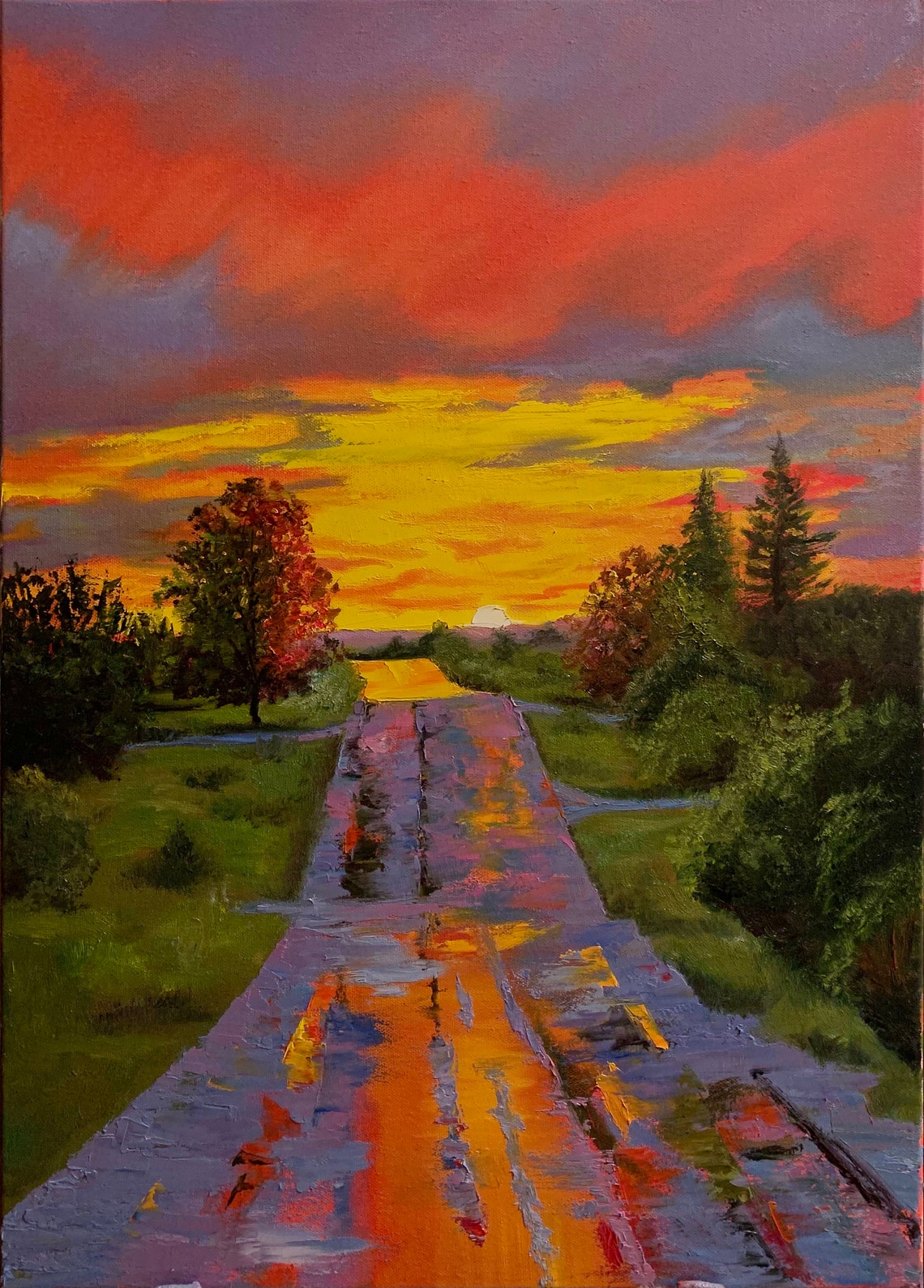 Landscape oil painting sunset road wall art living room | Etsy