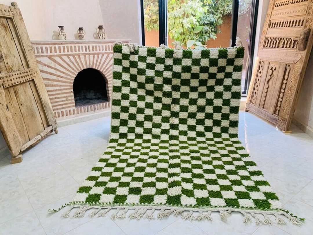 Army Green Checkered Rug, Checkered Area Rug, Handwoven Wool Rug ...