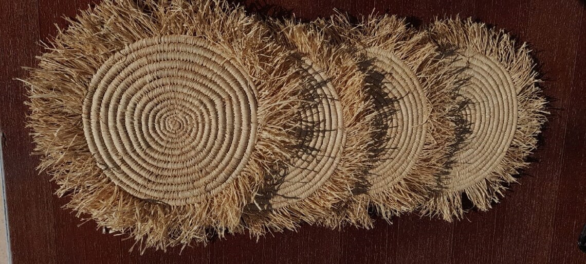 Set of 4 Moroccan Round Raffia Placemats, Boho Raffia Wall Decoration ...