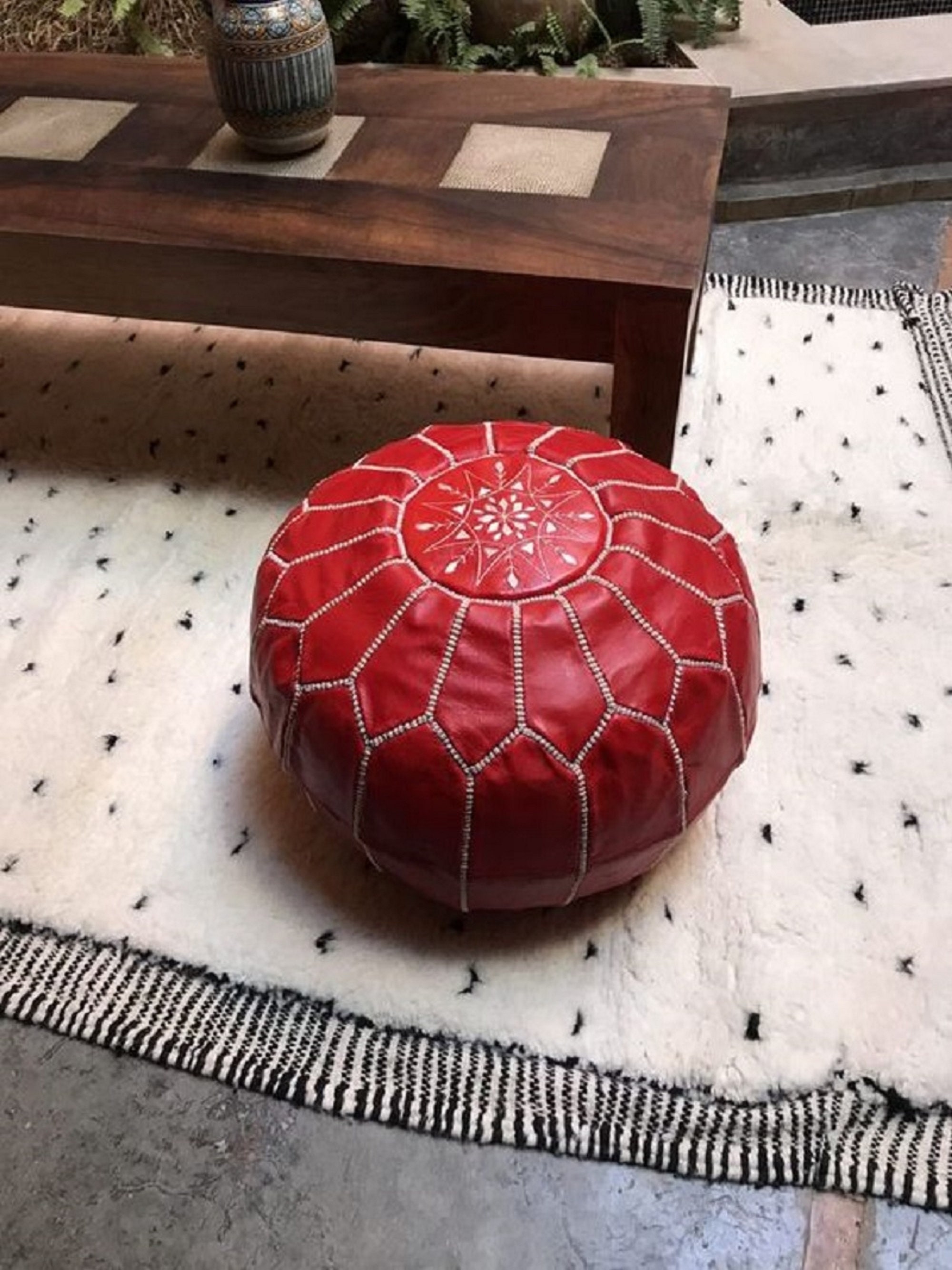 Red Moroccan Leather Pouf - Moroccan Furniture - Kilim Leather Pouf ...
