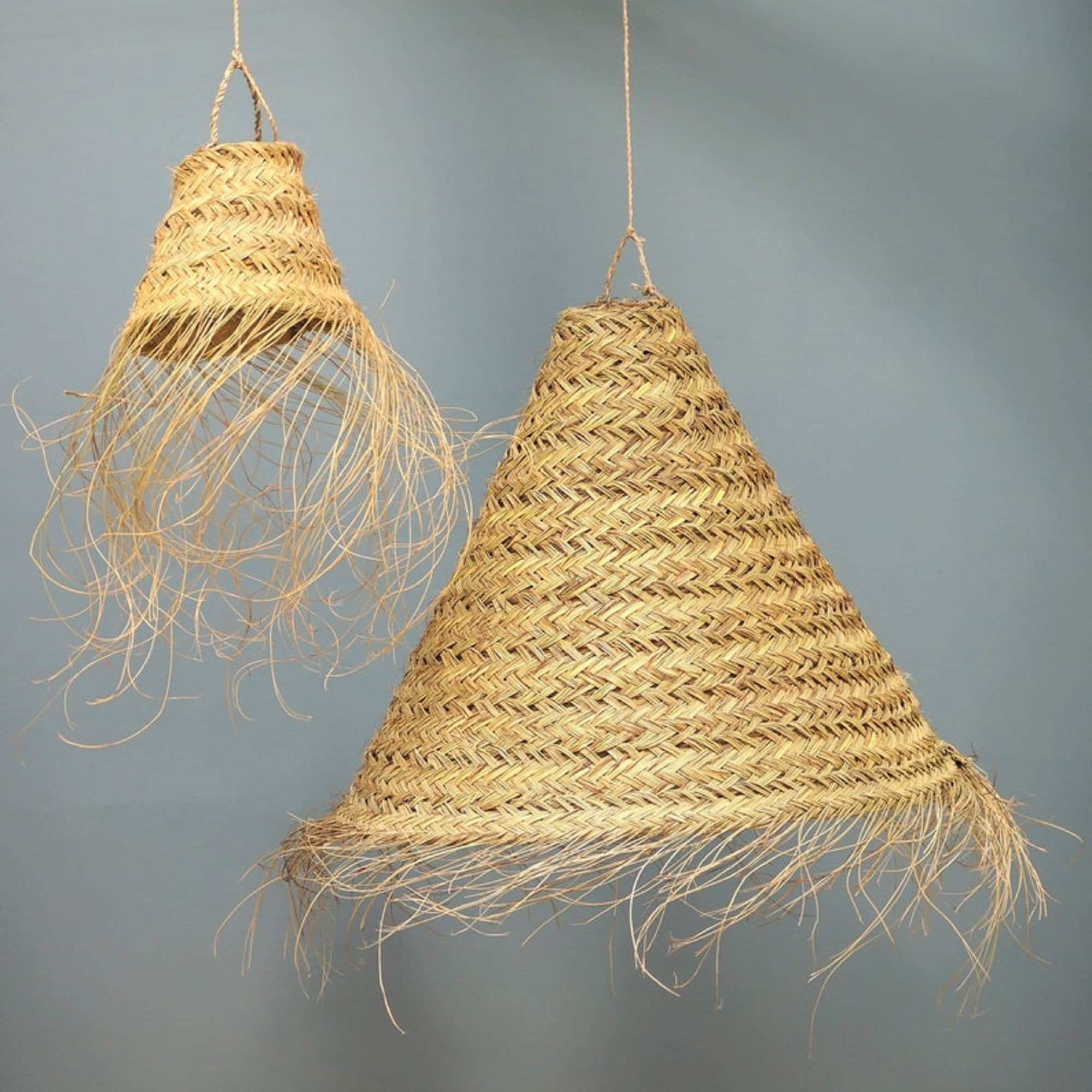 Moroccan Pendant Lamp, Woven Palm Leaf Lampshade With Fringes, Moroccan ...