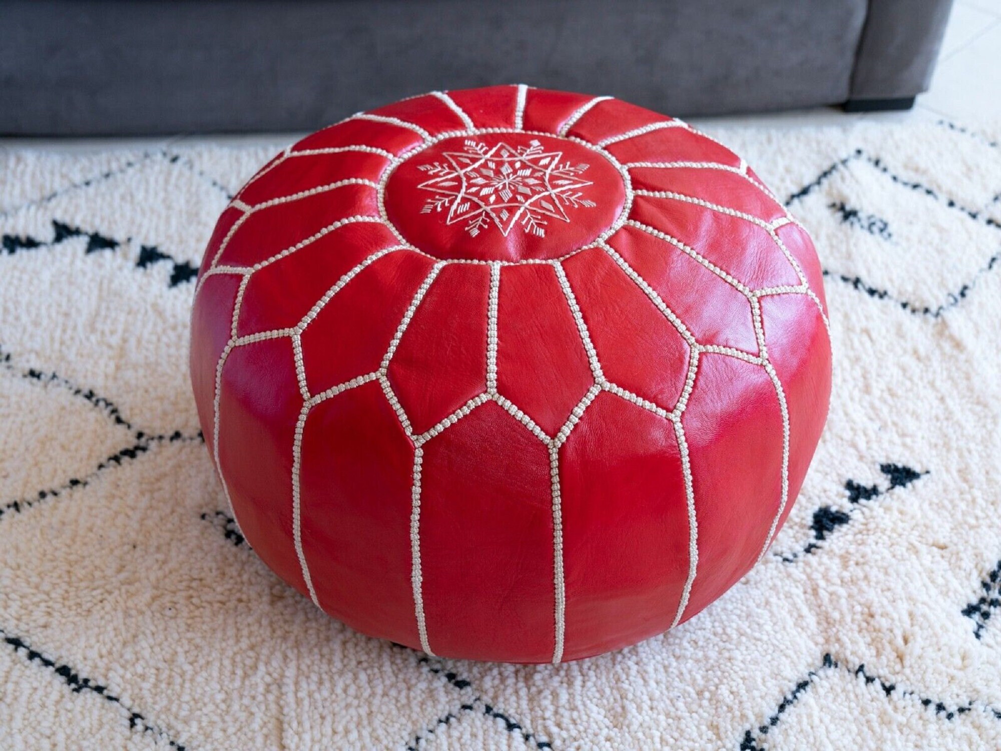 Red Moroccan Leather Pouf - Moroccan Furniture - Kilim Leather Pouf ...