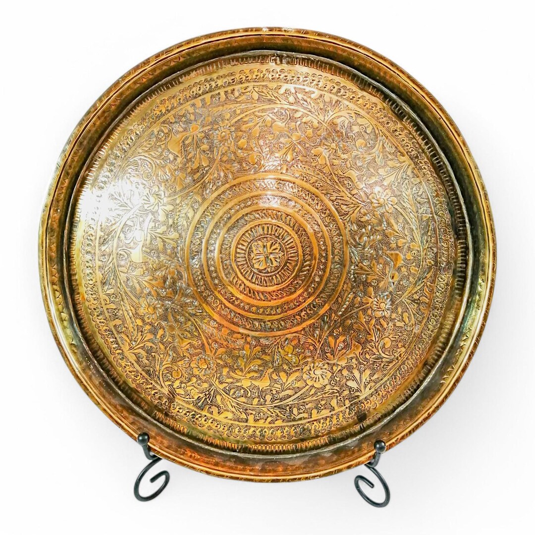 Antique Benares Brass Tray, Decorative Floral and Horse Motif, Indian ...