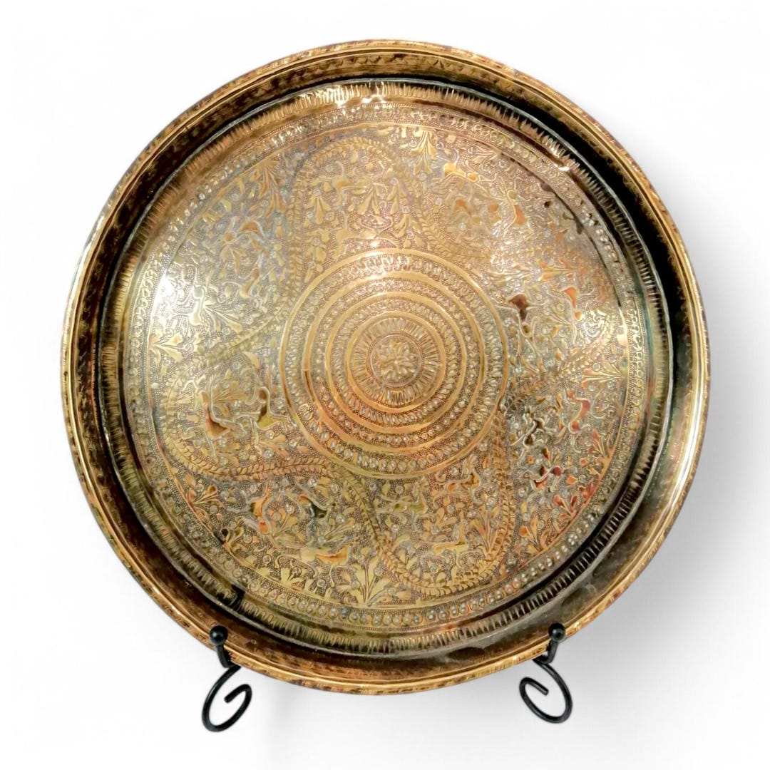 Large Antique Benares Brass Tray, Hand-engraved Indian Wall or Table ...