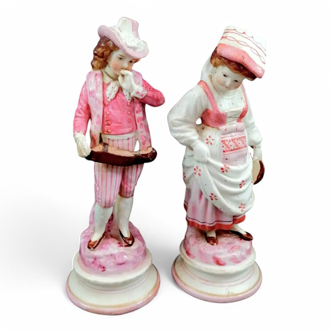 French Biscuit Porcelain Pair of Figurines of Musicians in Pink Hand ...