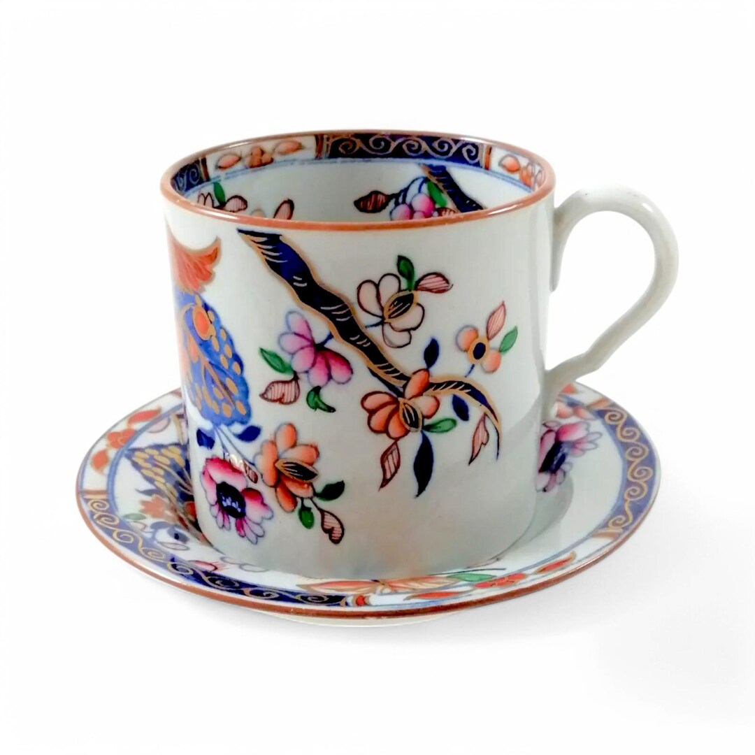 Antique Spode Stone China Coffee Cup and Saucer, Tobacco Leaf Pattern ...
