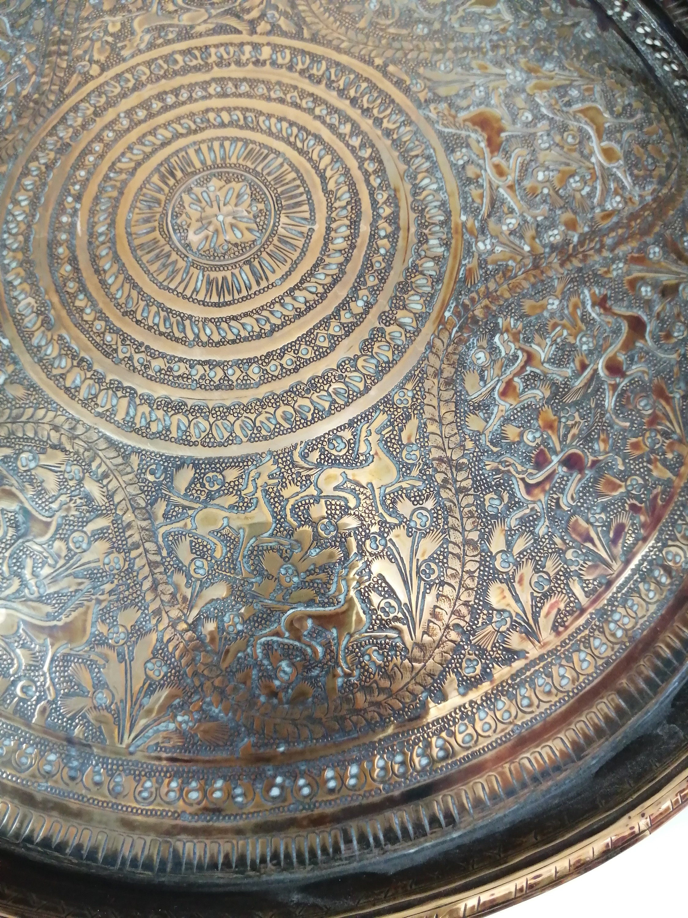 Large Antique Benares Brass Tray, Hand-engraved Indian Wall or Table ...