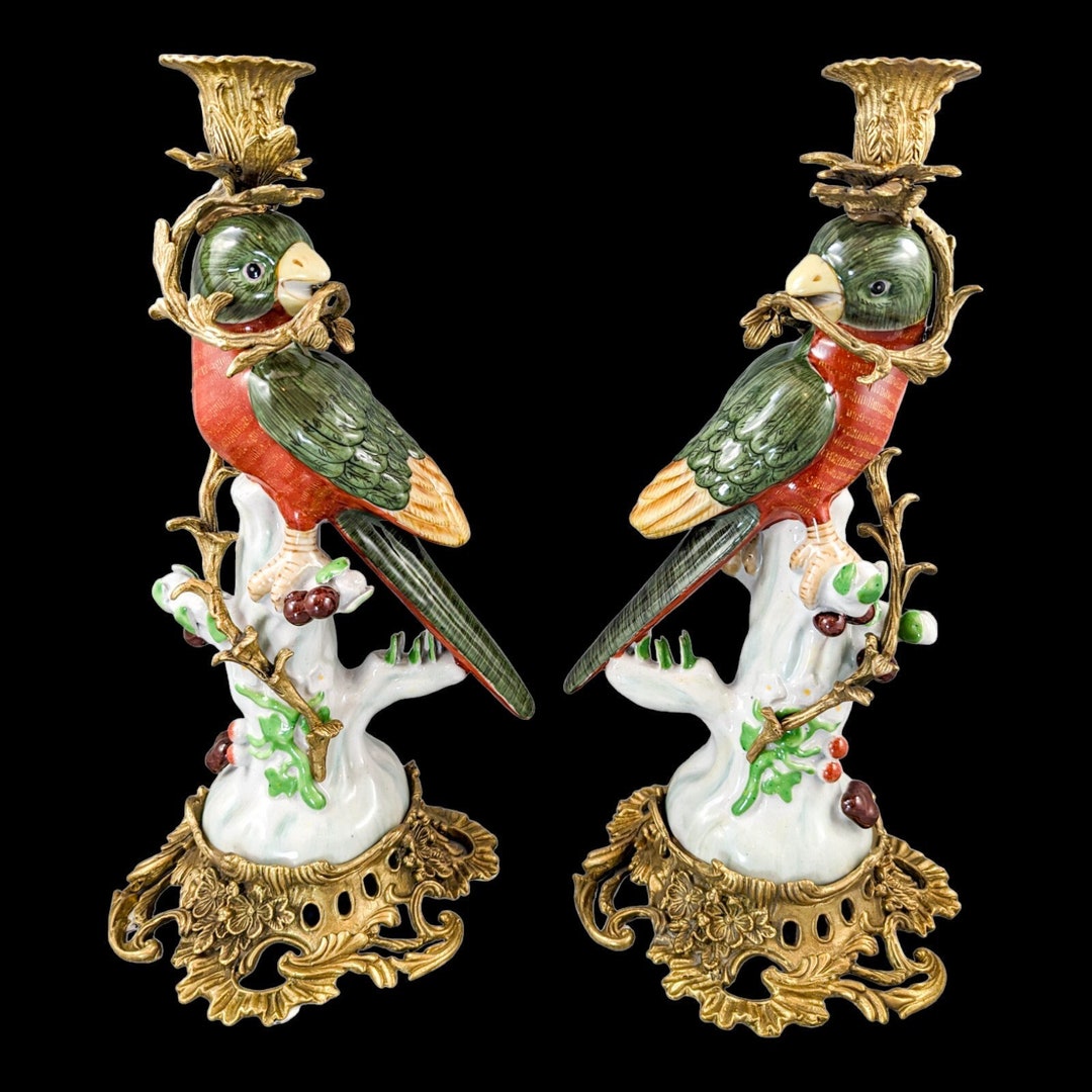 Louis XV Style Pair of Ormolu Porcelain Figural Parrot Candlesticks ...