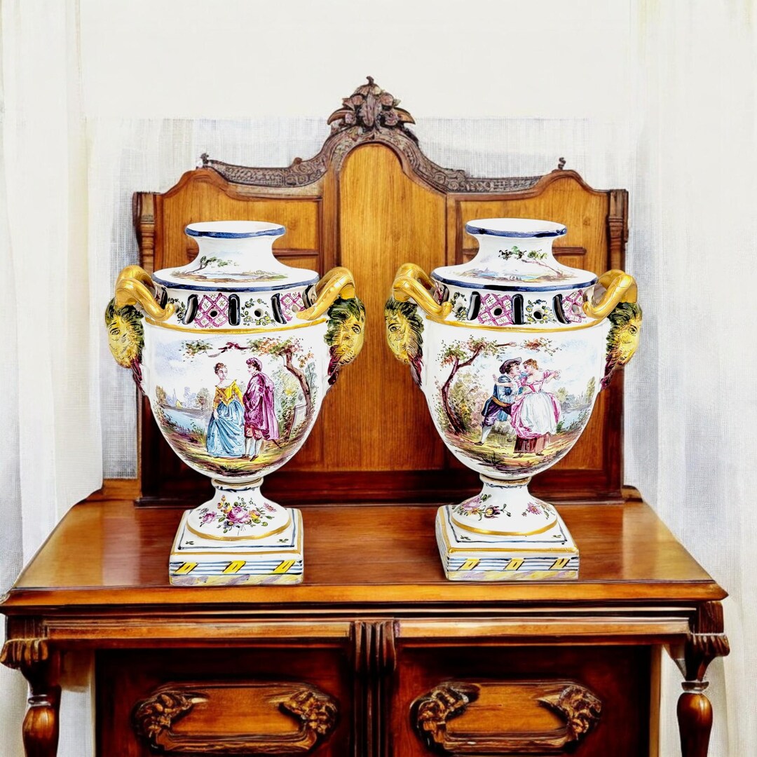Rare Veuve Perrin French Faience Urns Pair, Hand Painted Pastoral ...