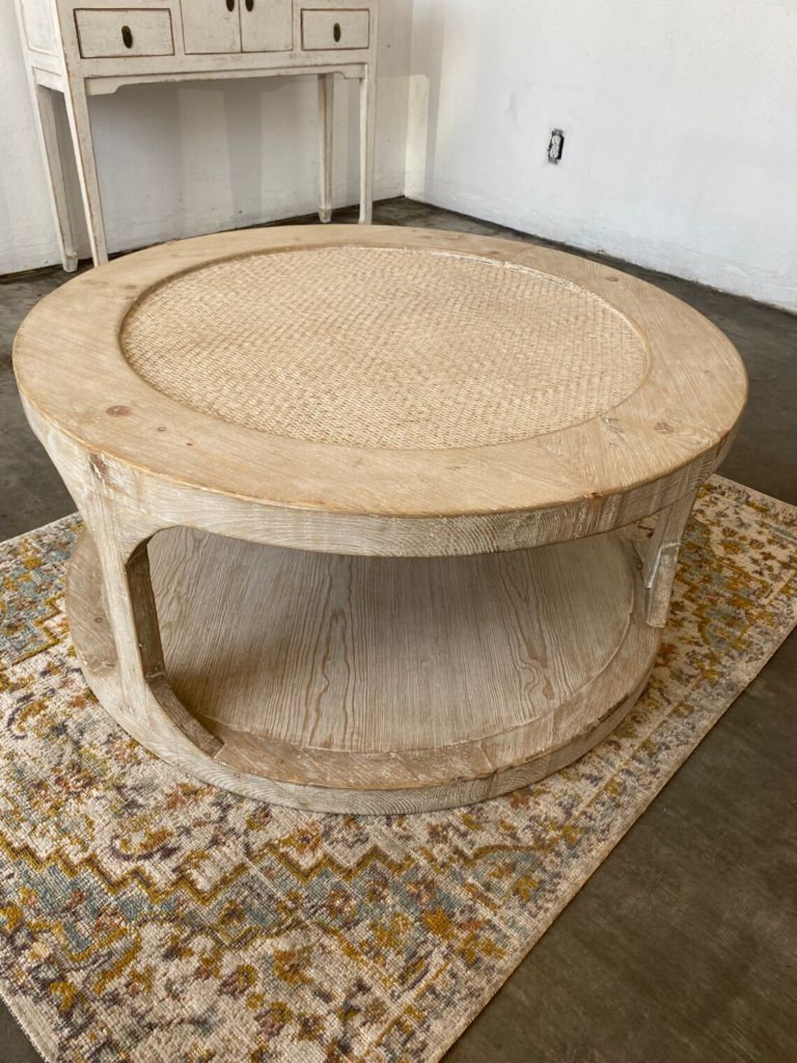 Antique Round Coffee Table Natural Wood With Rattan Top | Etsy