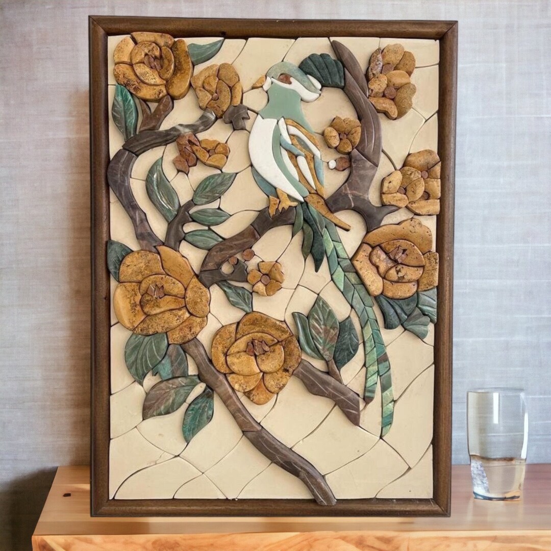 Flowers & Parrot Marble Mosaic 3D Wall Art natural Stone 21 X 16.5 ...