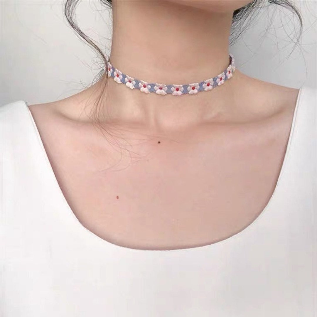 Blue Flower Choker, Daisy Choker, Fabric Lace Choker, Delicate Choker ...