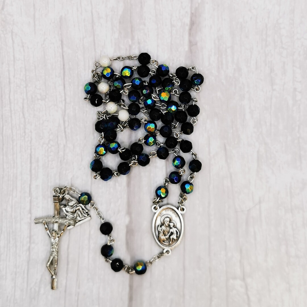 St. Joseph Rosary Beads With Iridescent Black Faceted Glass Rosary ...