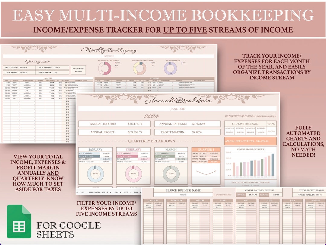 Multiple Income Tracker, Google Sheets Bookkeeping, Income and Expense ...