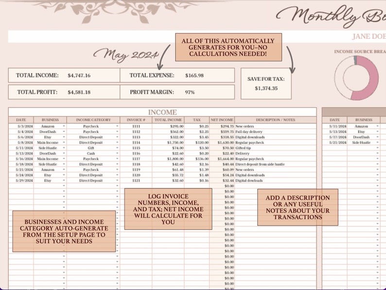 Multiple Income Tracker, Google Sheets Bookkeeping, Income and Expense ...