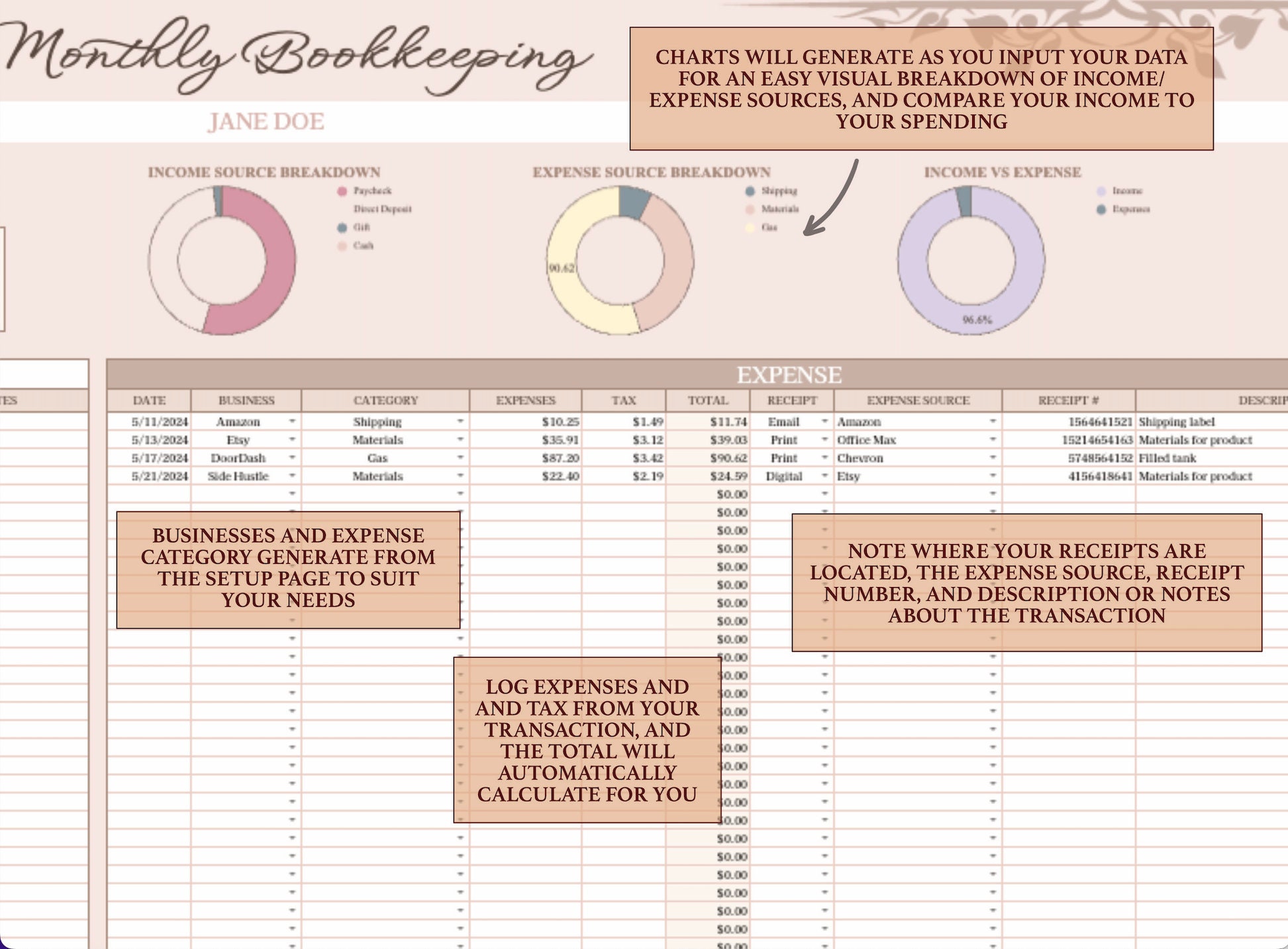 Multiple Income Tracker, Google Sheets Bookkeeping, Income and Expense ...