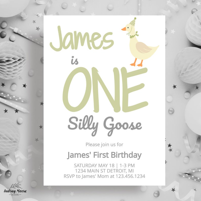 Silly Goose 1st Birthday Invitation | Boys Birthday Invite | Animal ...