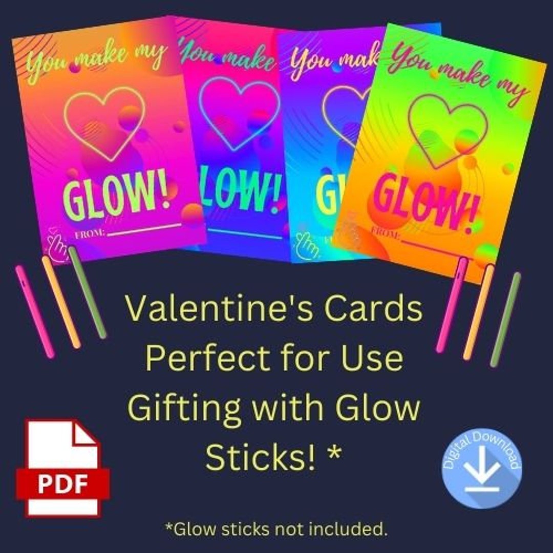 Neon Glow Valentine Card PDF Digital Download, Glow Sticks Valentine ...