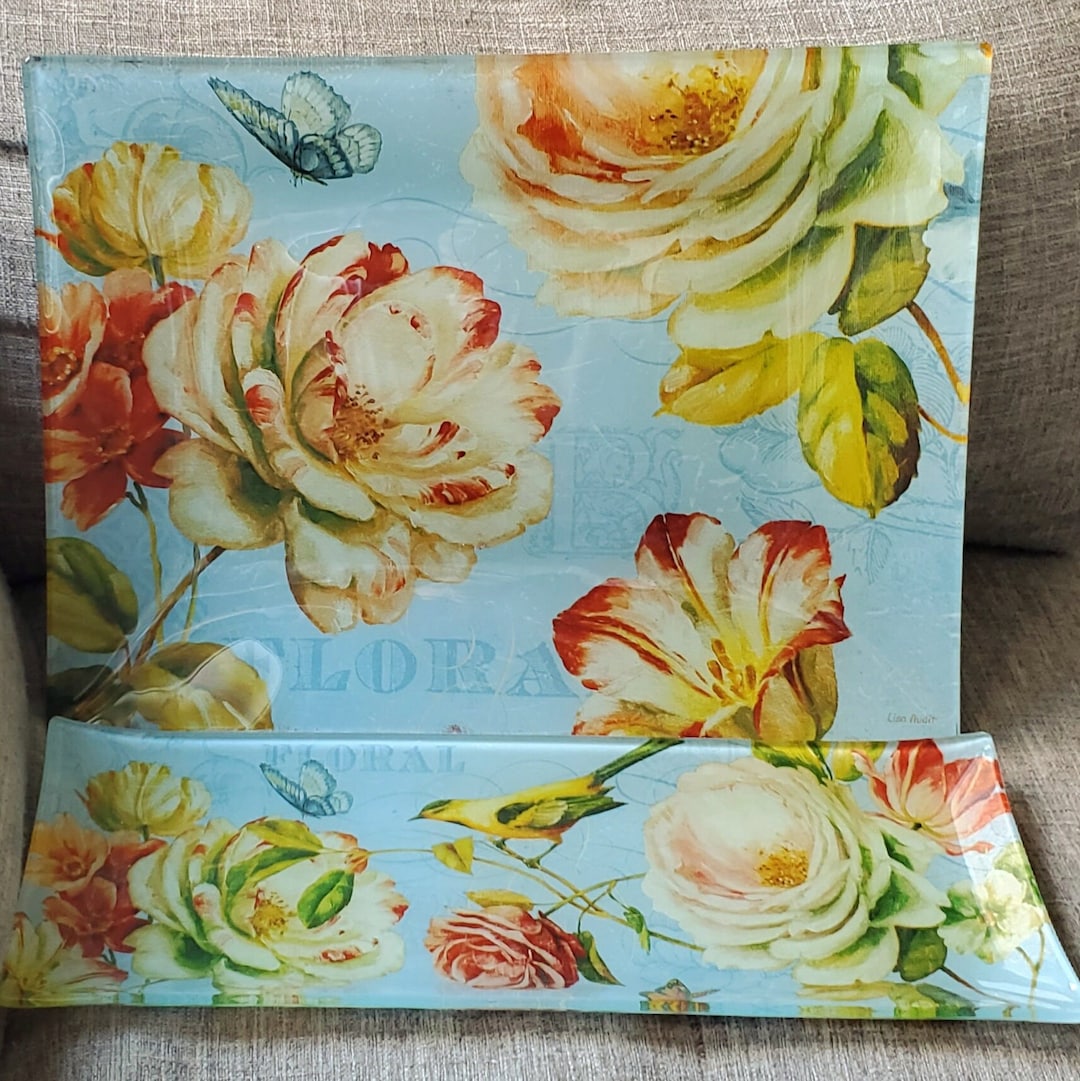 Authentic Lisa Audit Glass Serving Trays Floral, Spring Cottage Style ...