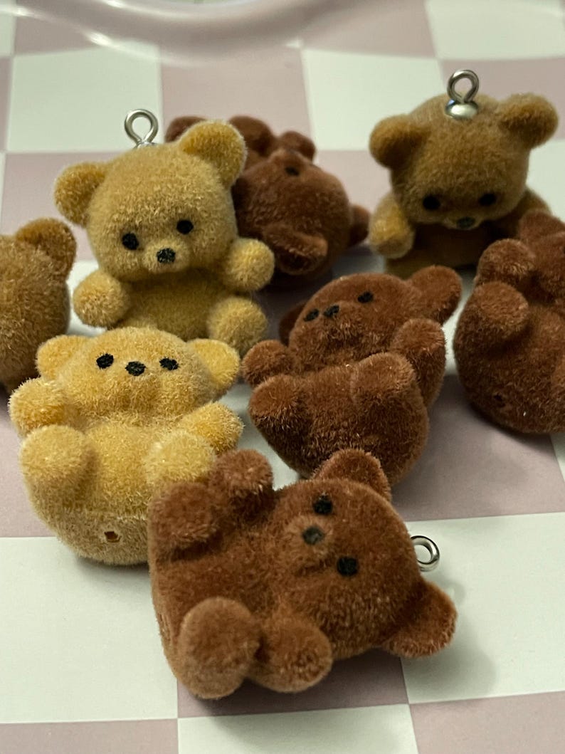 Kawaii Miniature Flocked Teddy Bear Pendants Size 25mm, Tiny Teddy Bear ...