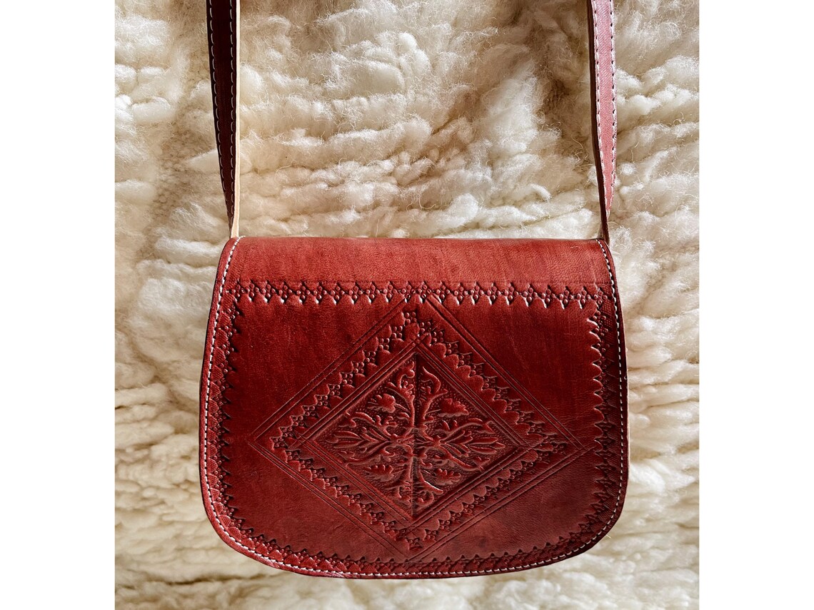 Handmade Moroccan Leather Crossbody Bag, Carved Boho Shoulder Bag - Etsy