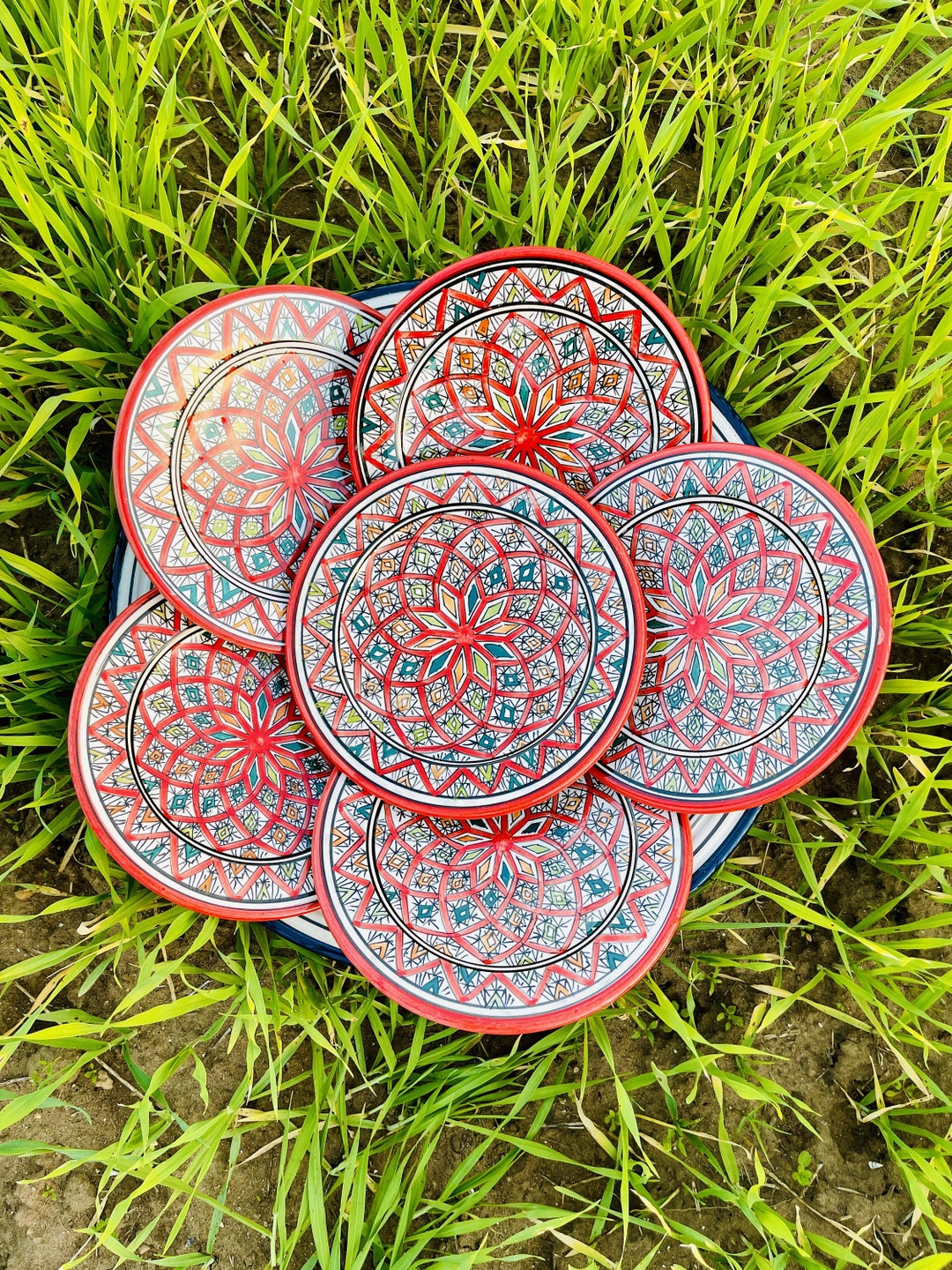 Set of 6 Red Moroccan Ceramic Plates Dinner Plates Handmade and Hand ...