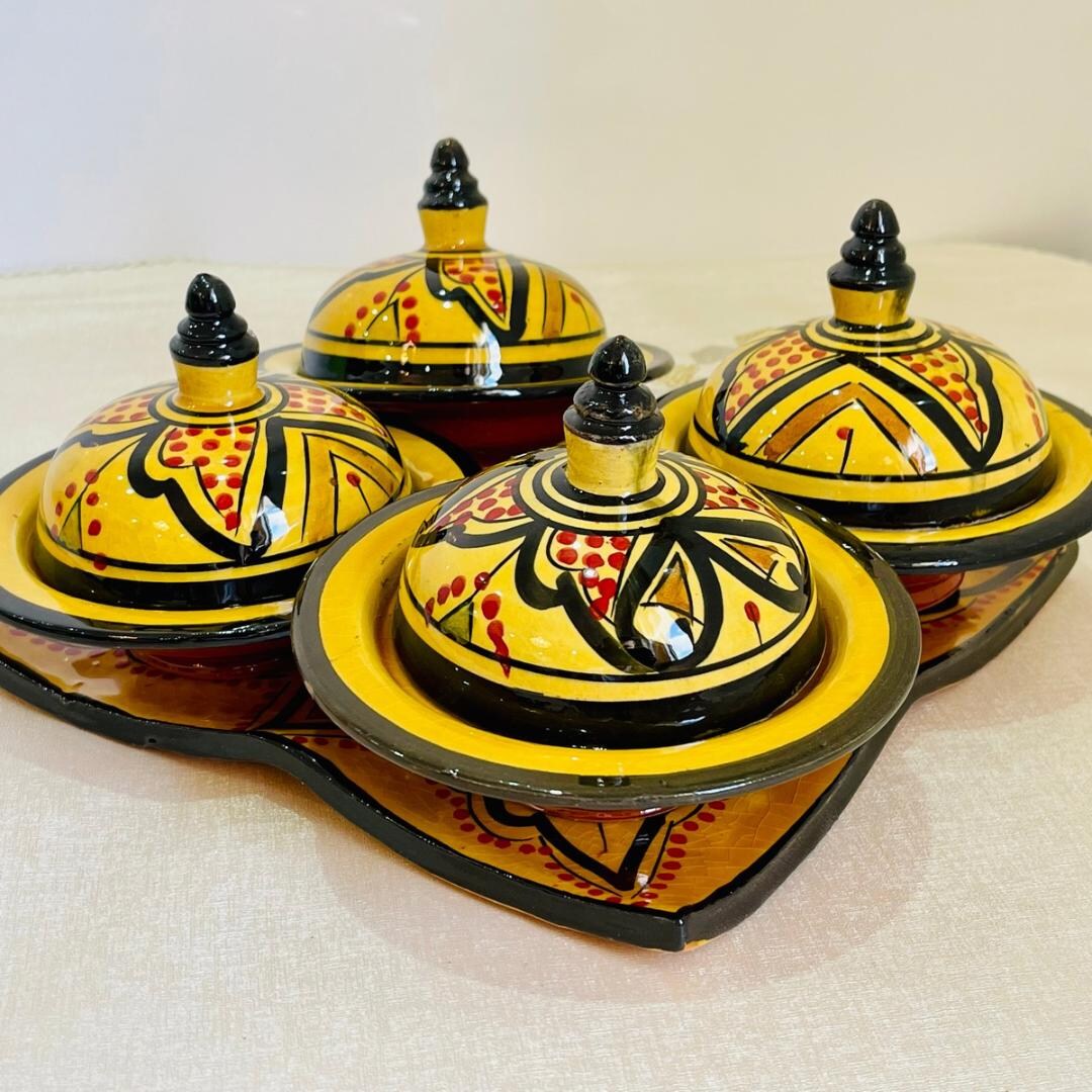 Set of 4 Small Moroccan Tagine Pots With Plate and Free Gift, Elegant ...
