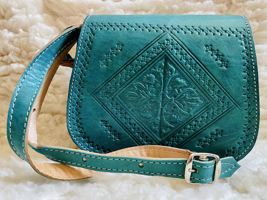 Handmade Carved Turquoise Leather Crossbody Bag, Moroccan Shoulder Bag ...