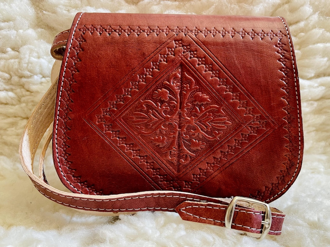 Handmade Moroccan Leather Crossbody Bag, Carved Boho Shoulder Bag - Etsy