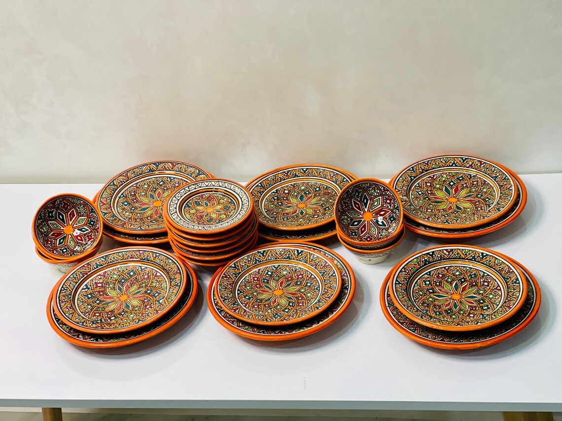 Authentic Moroccan Hand Painted Ceramic Dinnerware Set, Orange Handmade ...