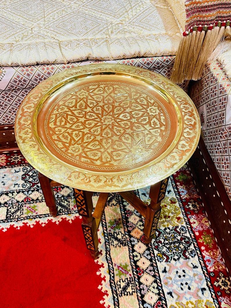 Moroccan Brass Tea Table, Boho Coffee Table, Arabesque Engraved Carved ...