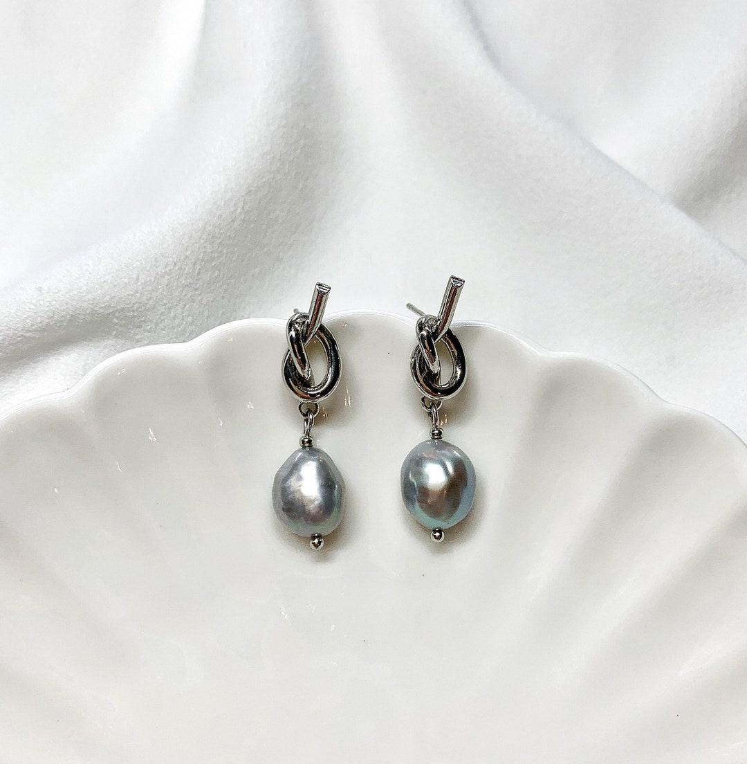 Baroque Pearl Earrings. Grey Freshwater Pearl Earrings. Knot Pearl Drop ...