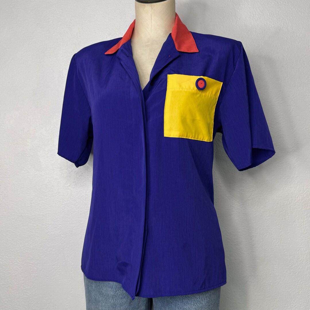 Vintage 80s Colorblock Button Shirt Eva Size Medium Made in USA ...