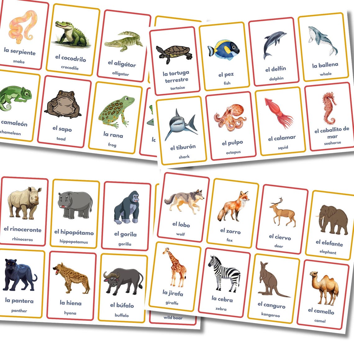 Spanish Animals Flashcards: Vocabulary Learning Cards (PDF Download - Etsy
