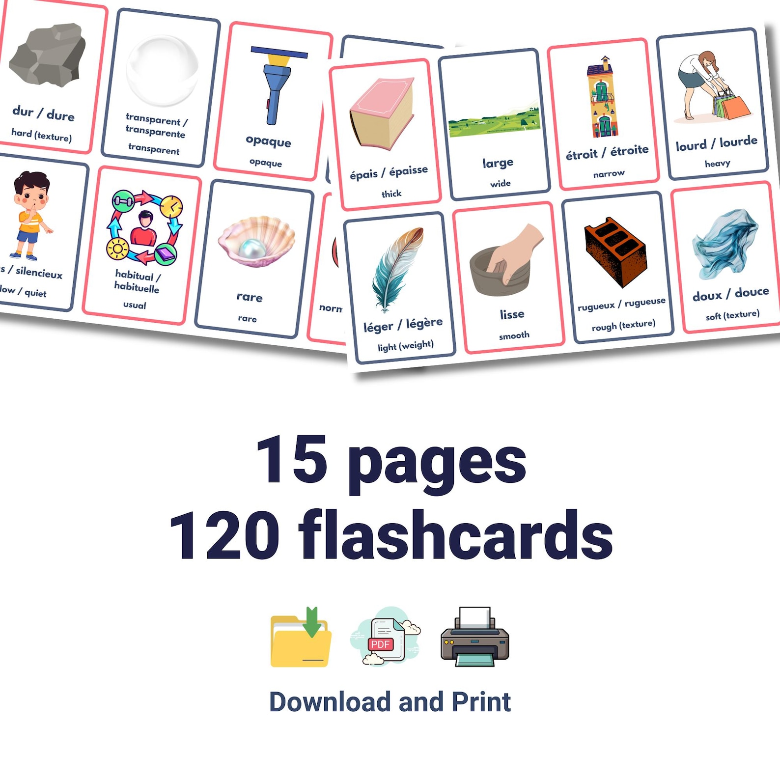 French Adjectives Flashcards: Vocabulary Learning Cards (PDF Download ...