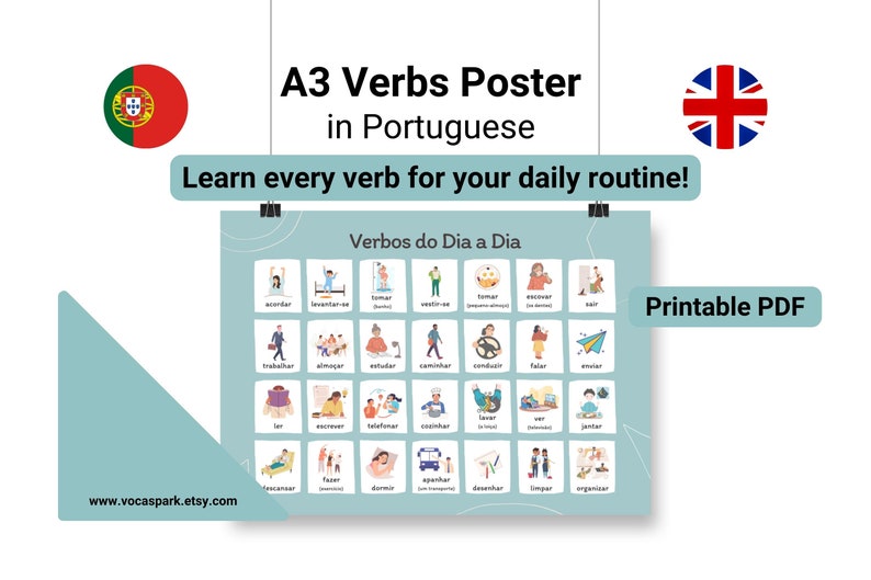Portuguese Verbs A3 Poster: Daily Routine Learning (printable PDF) - Etsy
