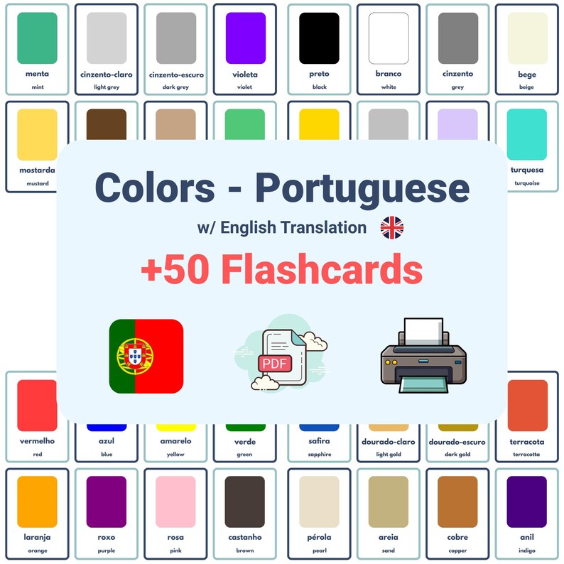Portuguese Colors Flashcards: Vocabulary Learning Cards (PDF Download ...