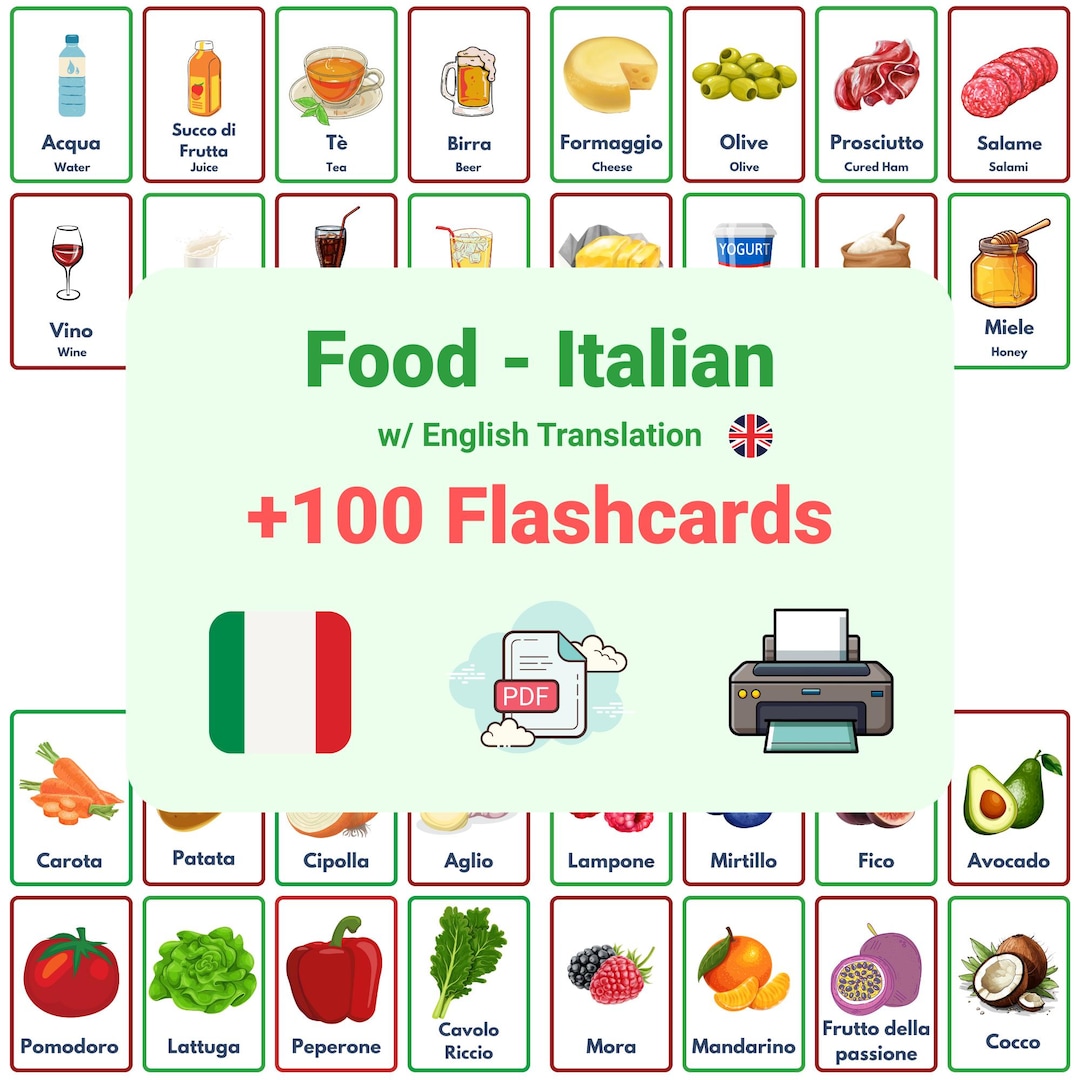 Italian Food Flashcards | Learn Italian | Printable PDF - Etsy