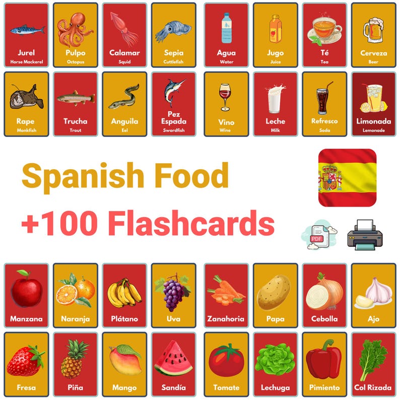 Spanish Food Flashcards | Learn Spanish | Printable PDF - Etsy