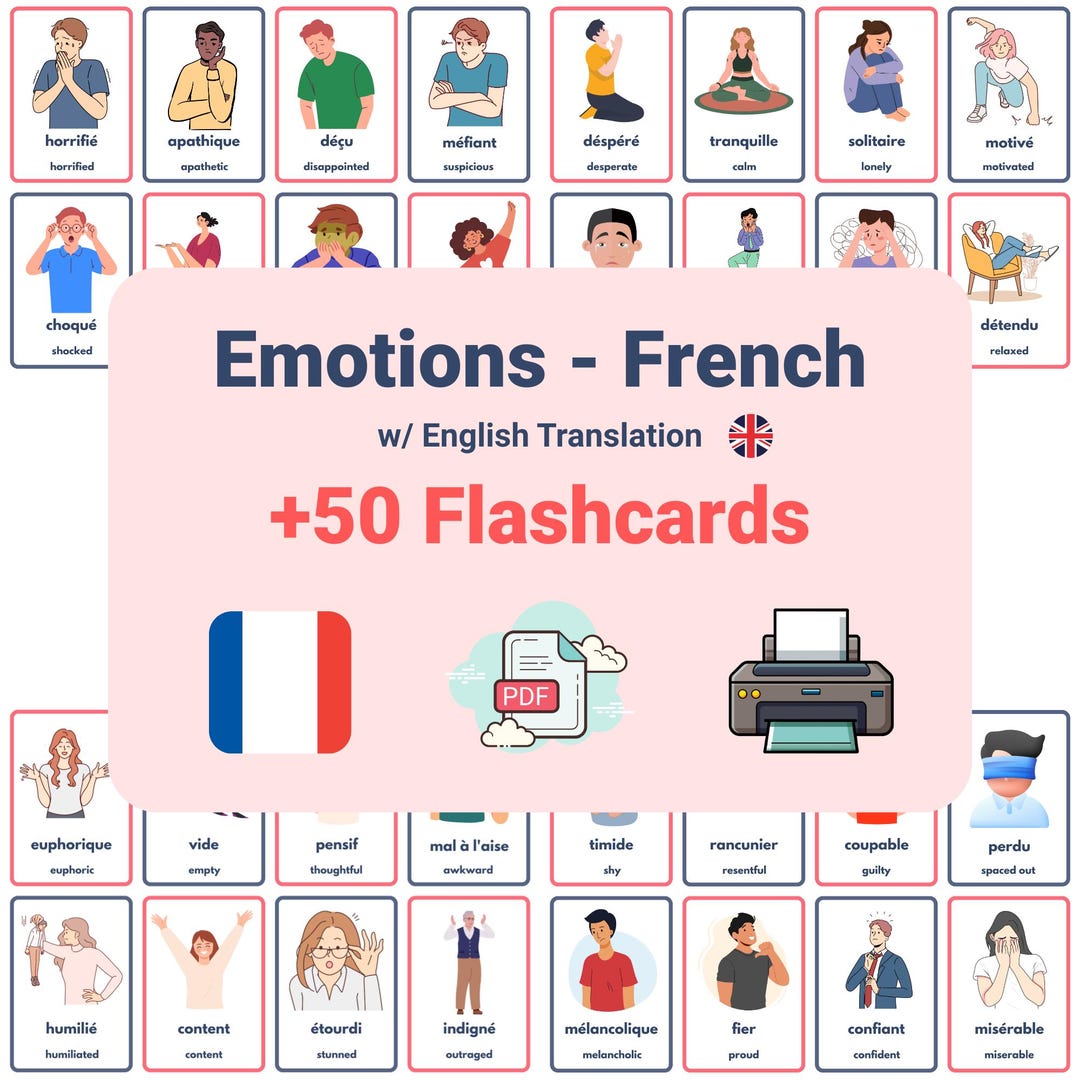 French Emotions Flashcards: Vocabulary Learning Cards (PDF Download - Etsy