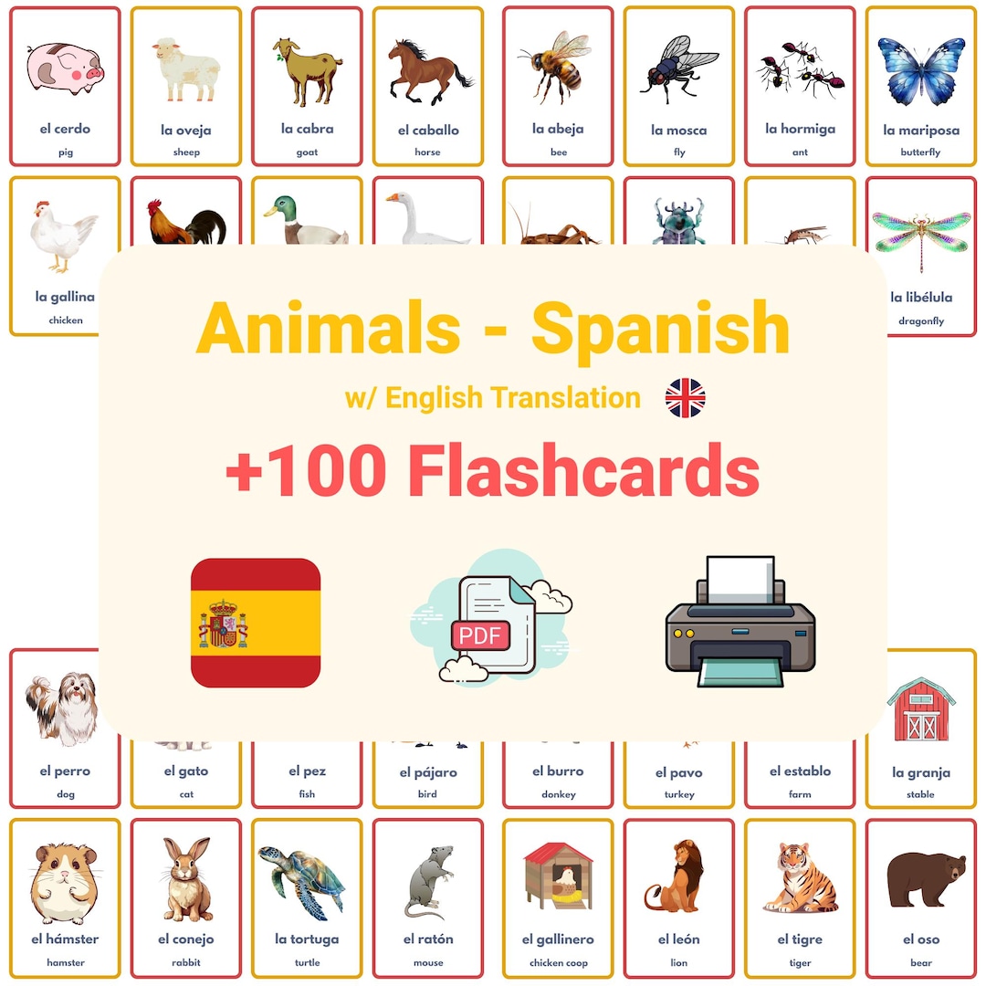 Spanish Animals Flashcards: Vocabulary Learning Cards (PDF Download - Etsy