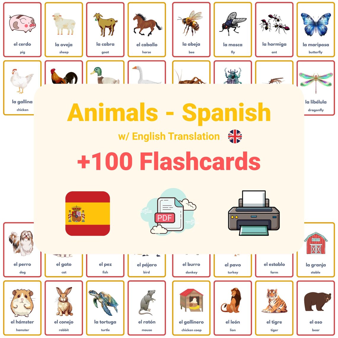 Spanish Animals Flashcards: Vocabulary Learning Cards (PDF Download - Etsy