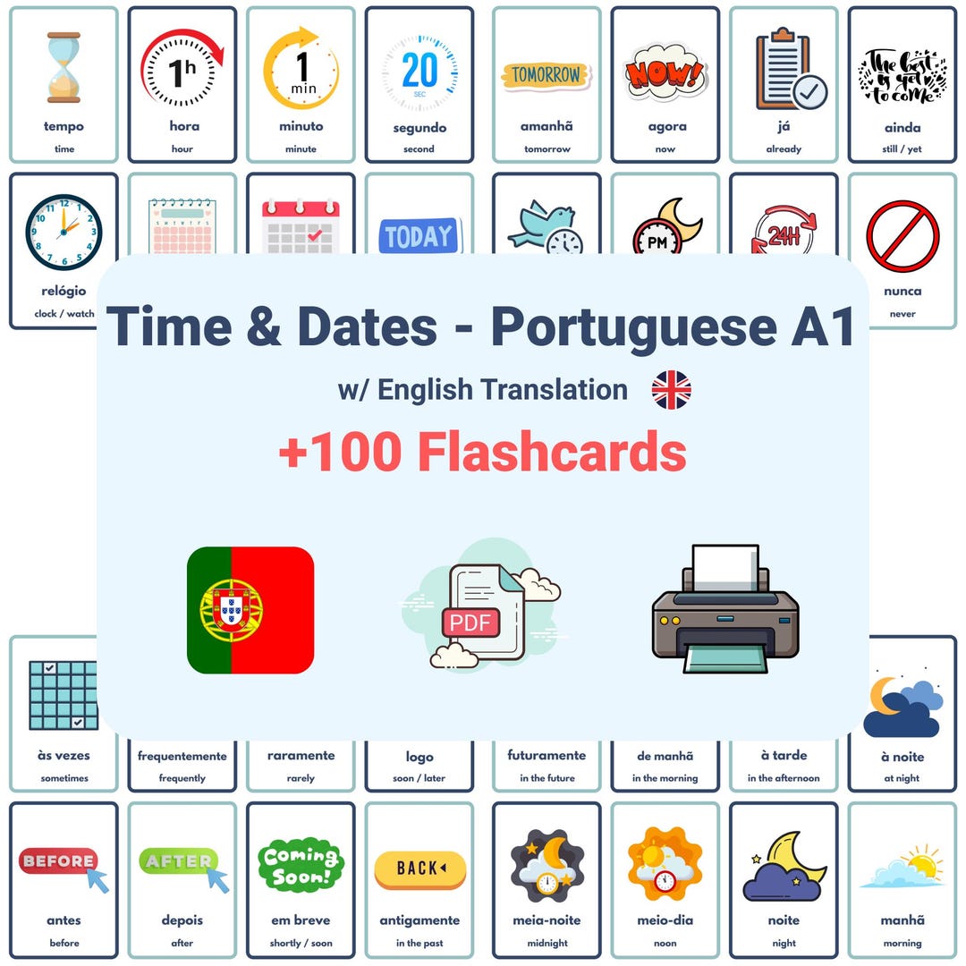 Portuguese Time & Dates Flashcards: Vocabulary Learning Cards (PDF ...