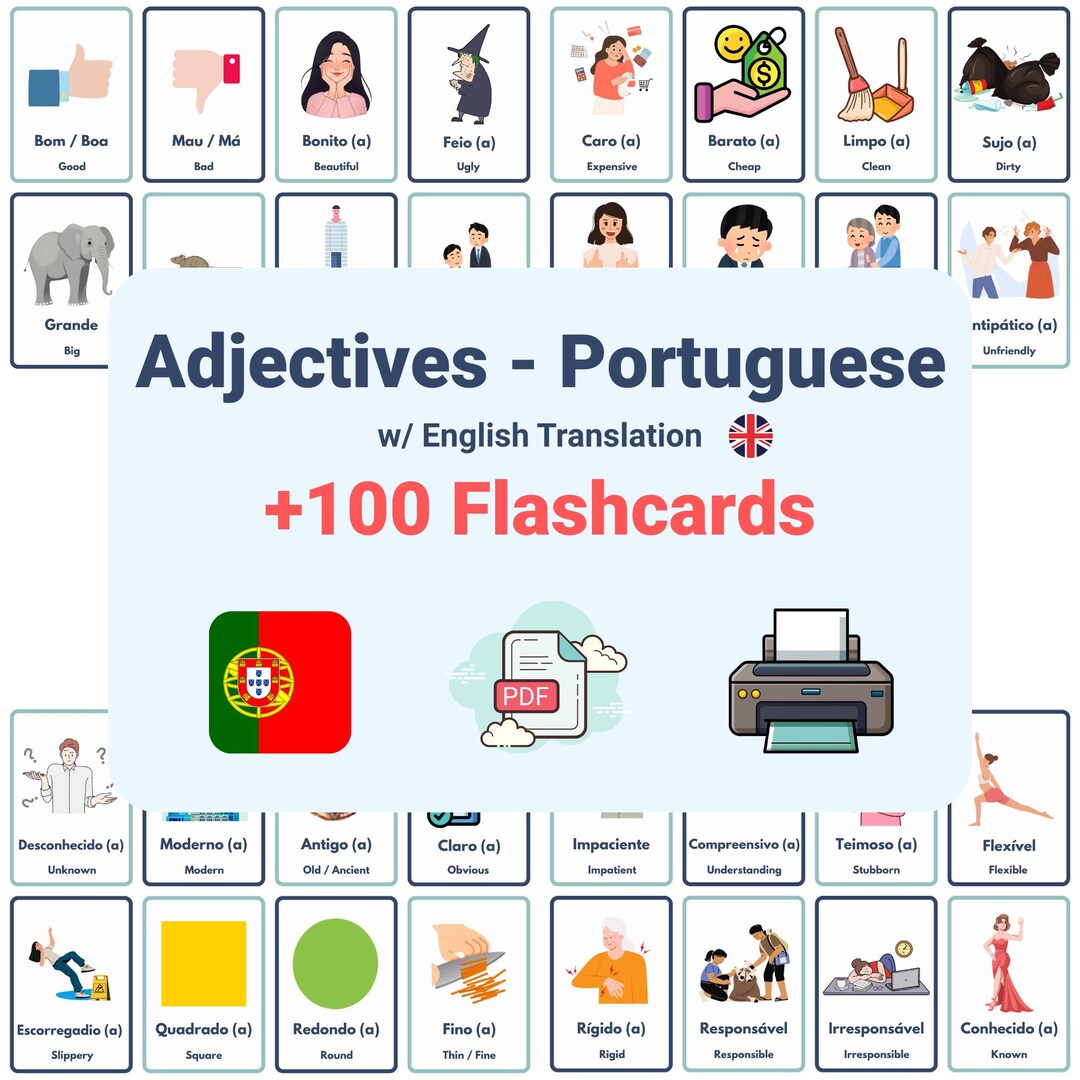 Portuguese Adjectives Flashcards: Vocabulary Learning Cards (PDF ...