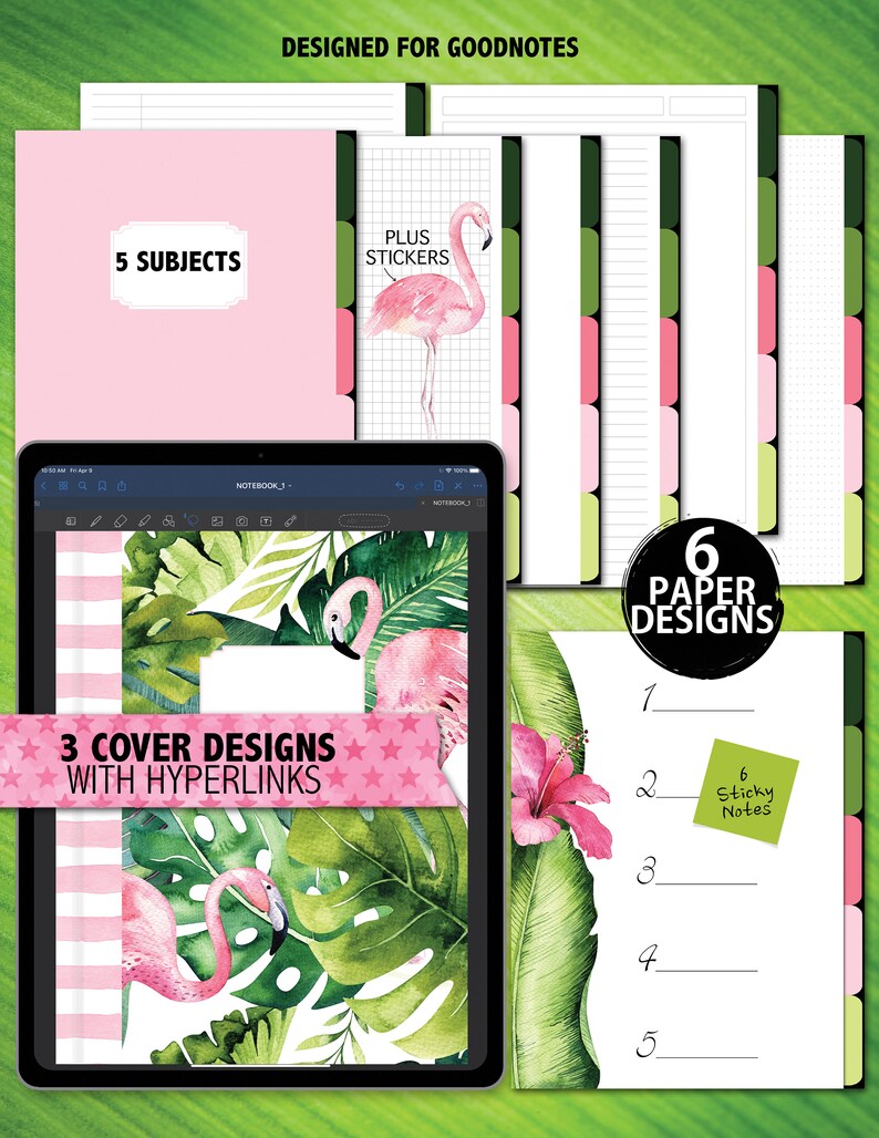 Flamingo Digital Notebook for Goodnotes, 3 Cover Designs, 6 Sticky ...