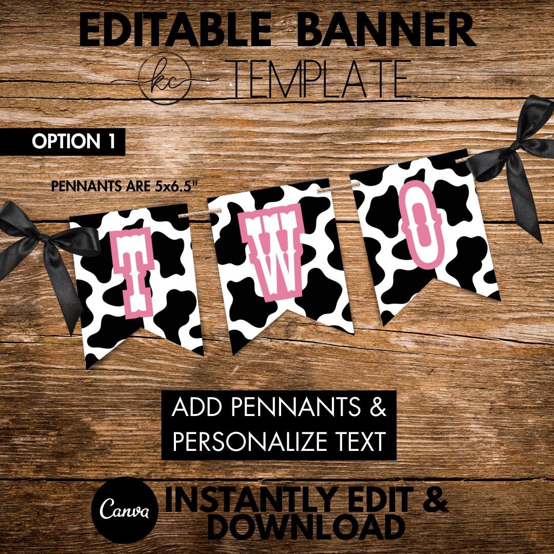 Editable Girls Western Birthday Pennant Banner, Pink Cow Print, Party ...