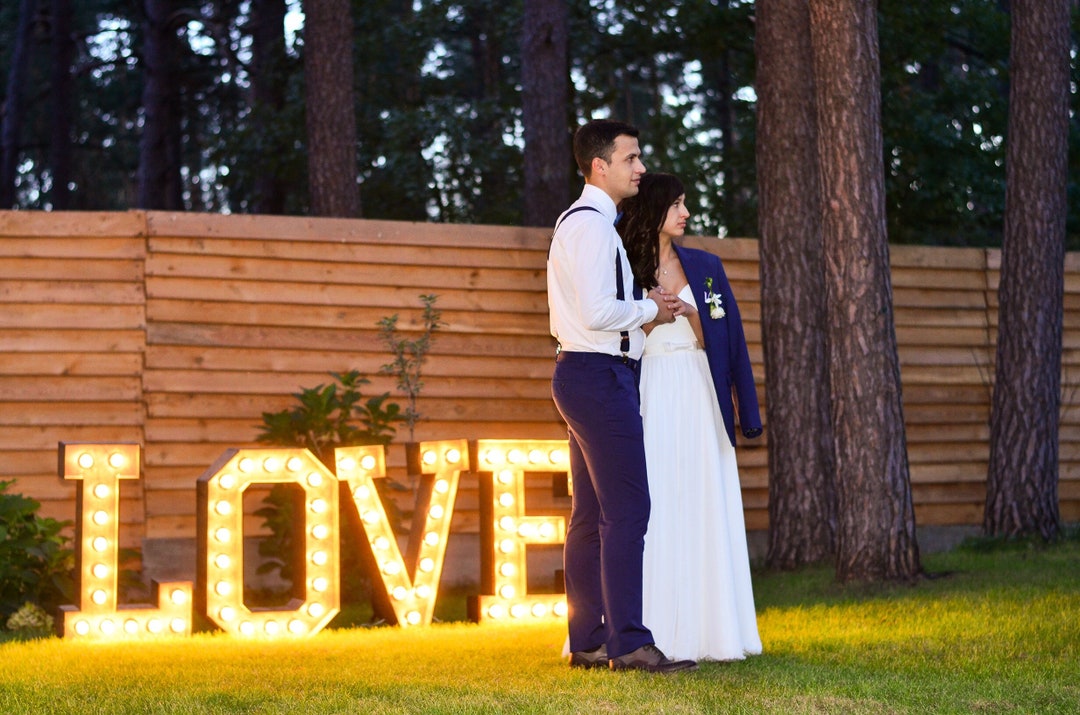 Giant Wooden Letters. Retro Letters With Light Bulbs. Illuminated Brown ...