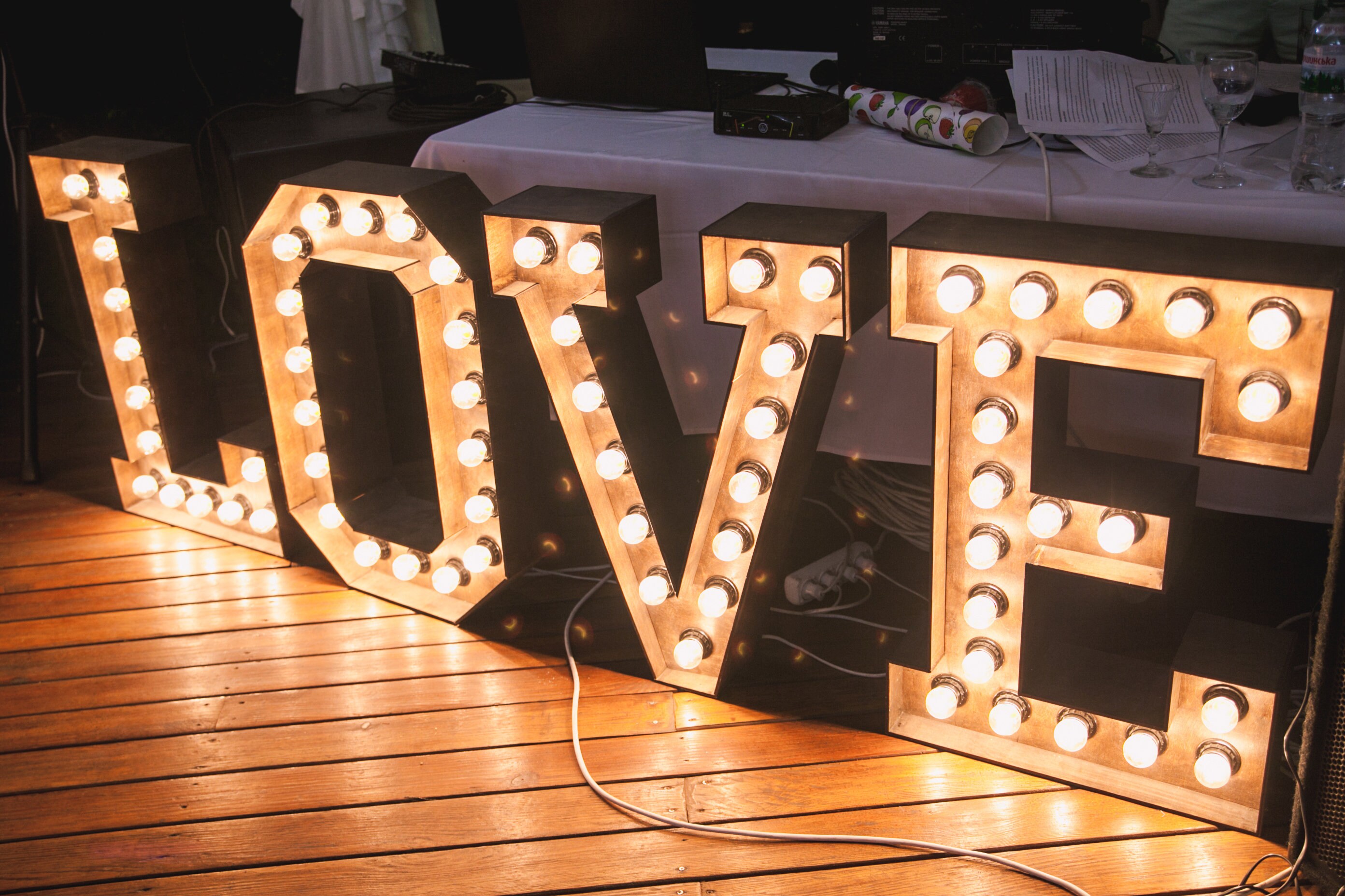 Giant Wooden Letters. Retro Letters With Light Bulbs. Illuminated Brown ...