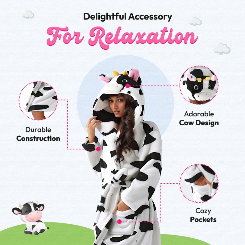 Party Hoot Women's Cow Hooded Robe Soft and Cozy Animal Inspired ...
